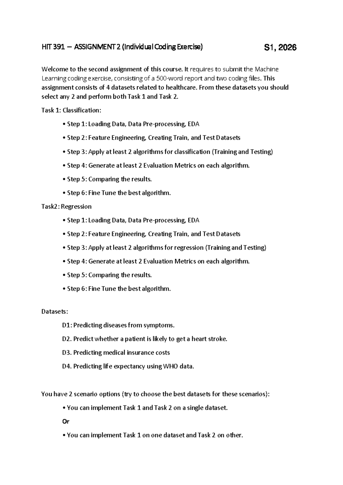 HIT 391 Assignment 2: Machine Learning Coding Exercise S1, 2026 - Studocu