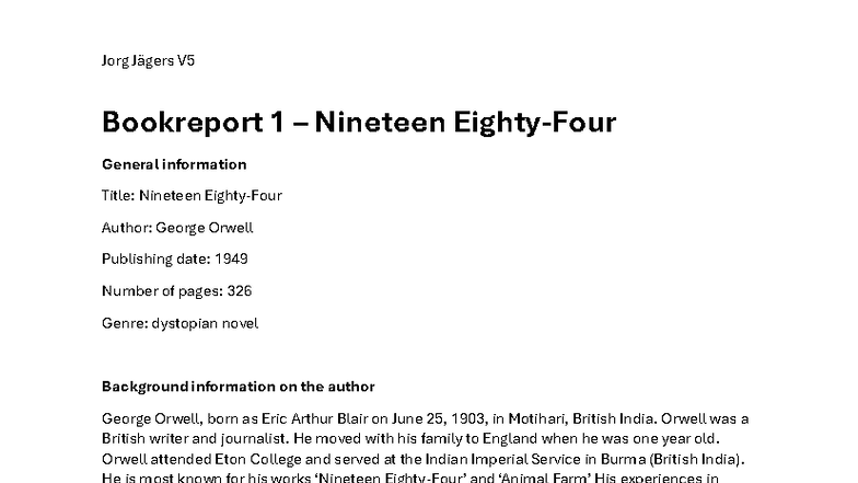 Bookreport on George Orwell's 1984: A Dystopian Analysis (V5) - Studeersnel