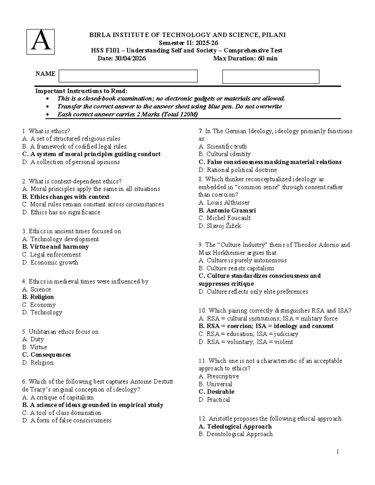 HSS F101 Understanding Self and Society: Comprehensive Test QP1 - Studocu