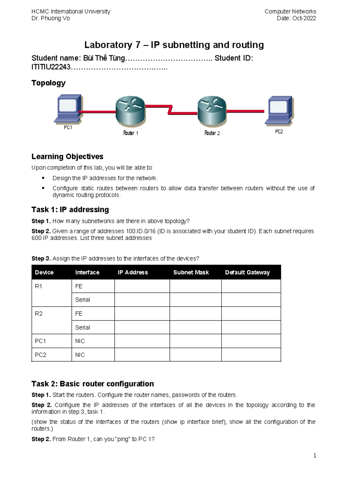 Lab 7 - IP Subnetting & Routing with 2 Routers (ITITIU22243) - Studocu