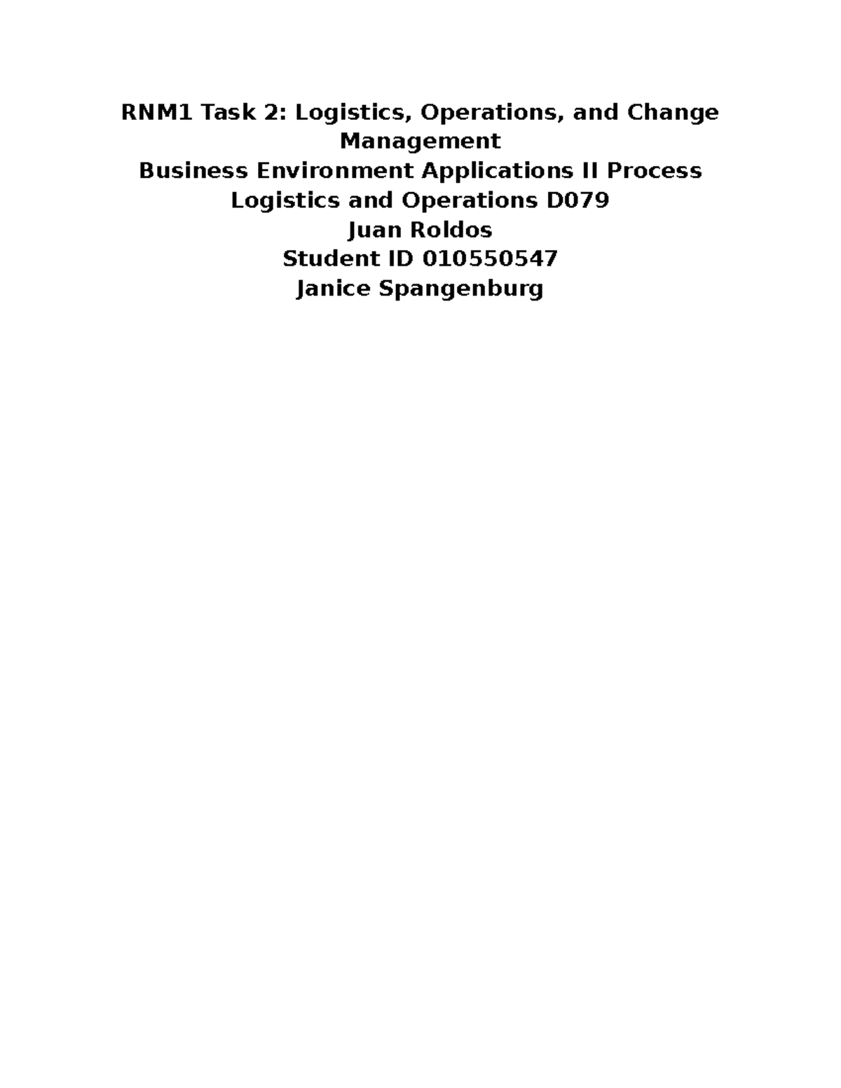 RNM1 Task 2: Logistics & Change Management in Operations - Studocu
