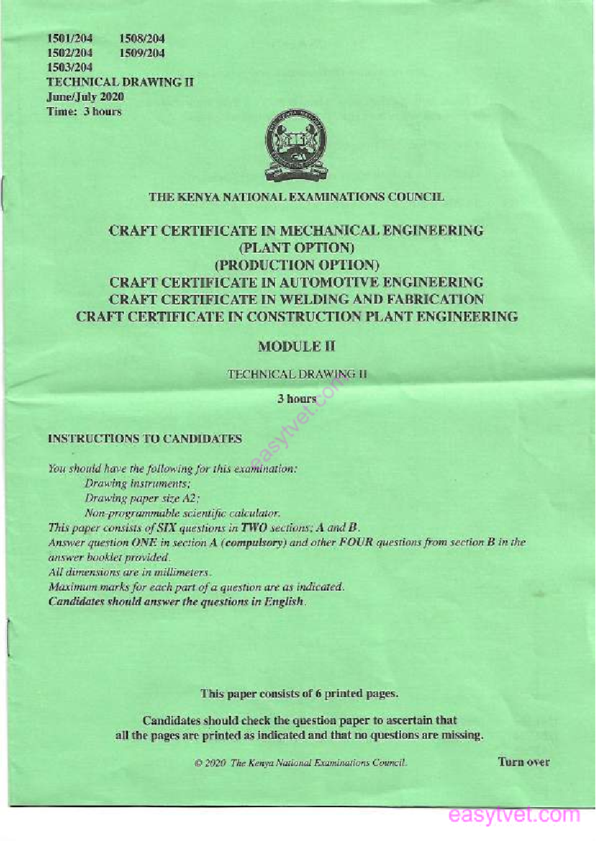 TECHNICAL DRAWING II 2020 - KNEC Craft Certificate Exam - Studocu
