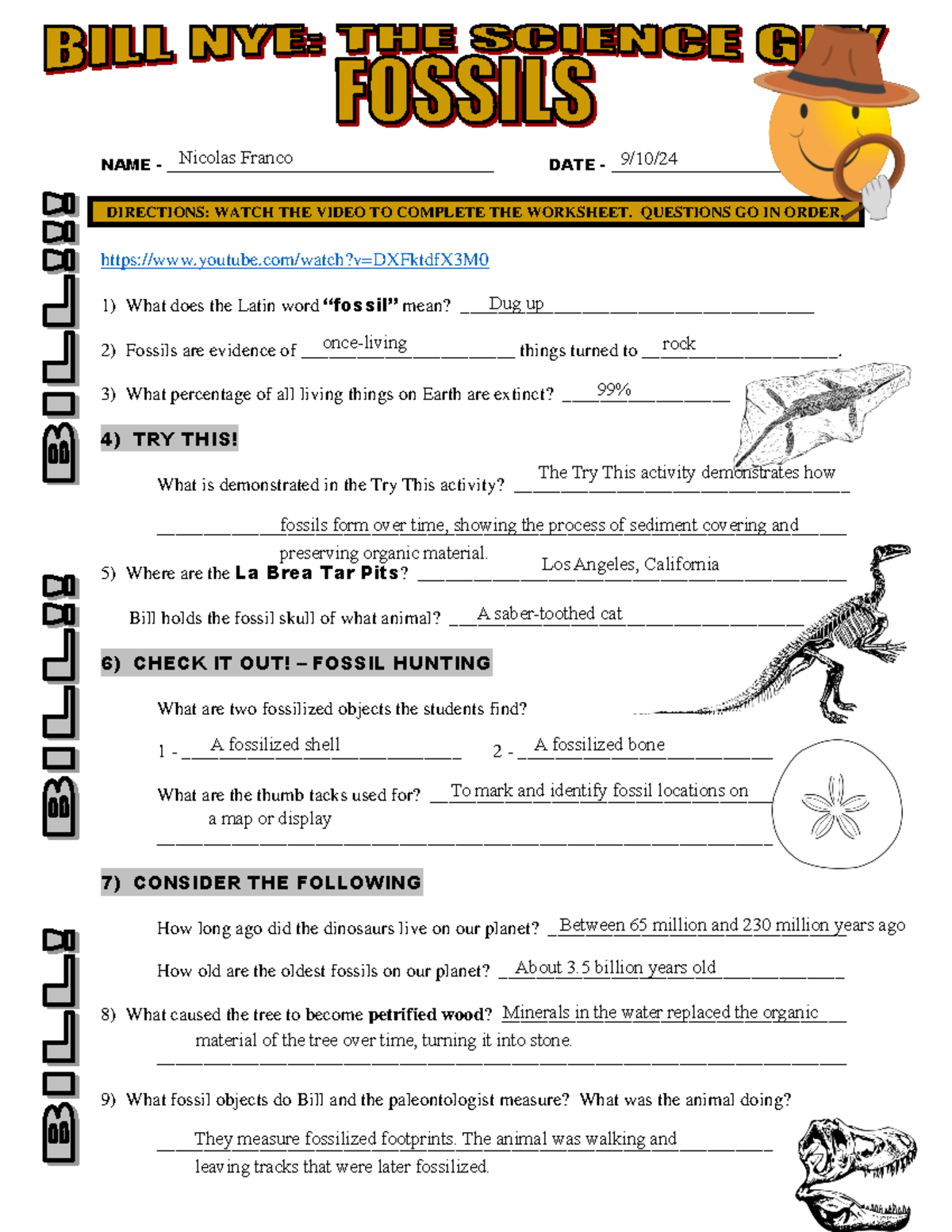 Bill Nye the Science Guy - Fossils - NAME ...