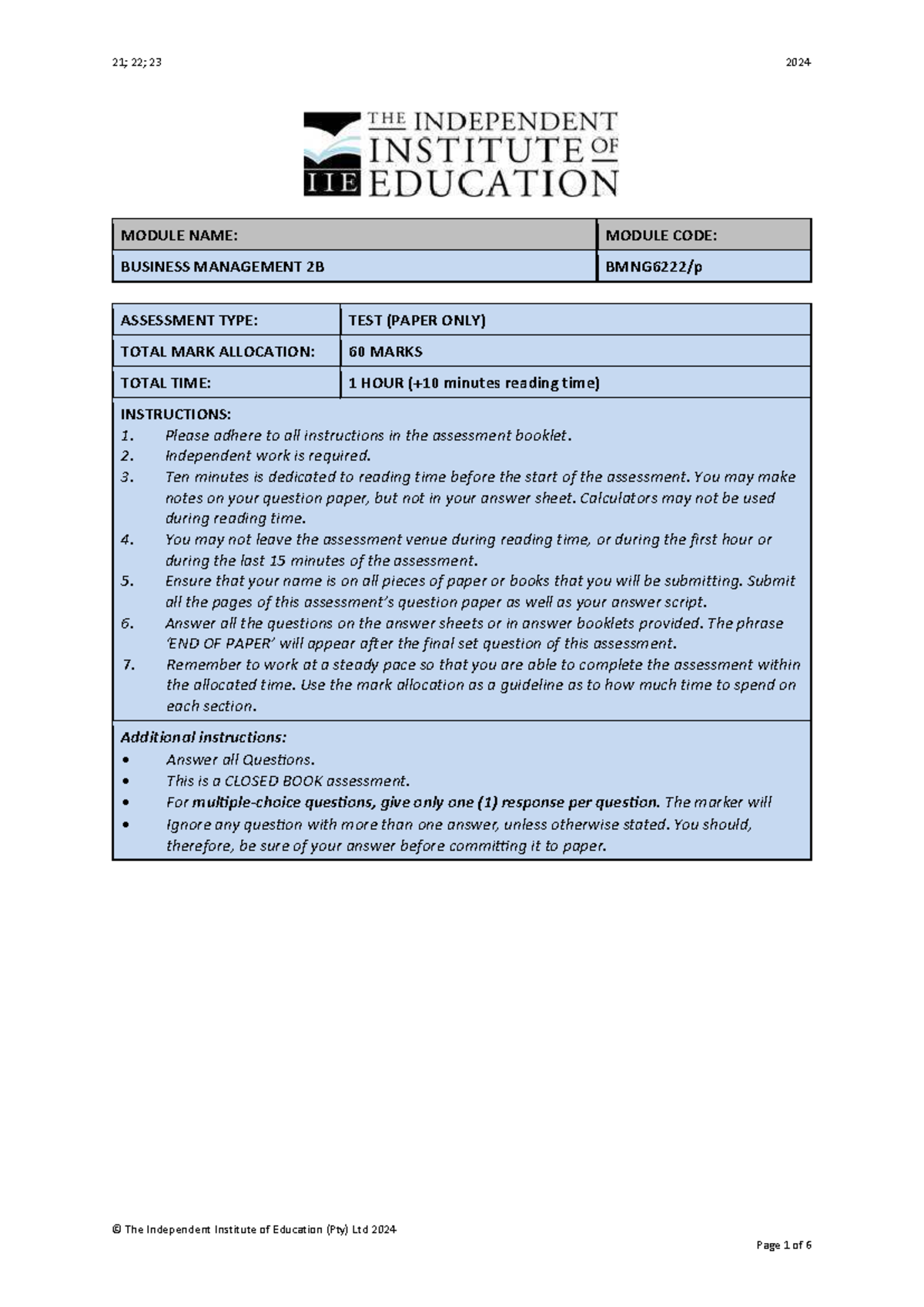 BMNG6222 Test Paper: Business Management 2B Assessment 2024 - Studocu