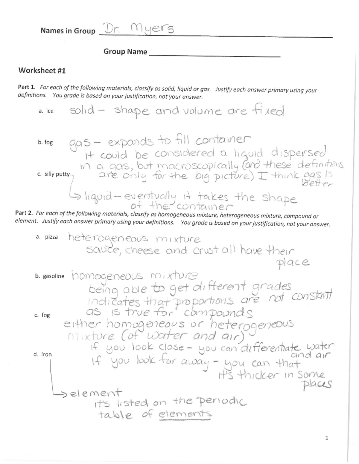 Group activity, states of matter Rubric - Names in Group Dr. Myers ...