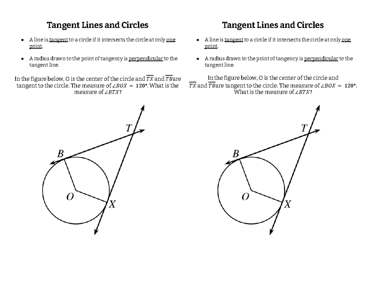 Tangent lines & circles notes - Tangent Lines and Circles A line is ...