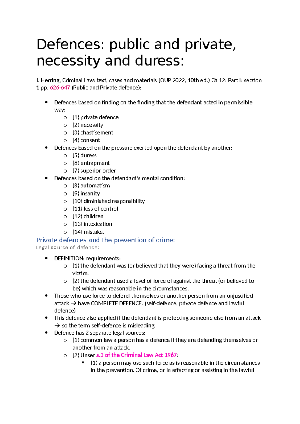 Criminal Law Notes: Defences - Public, Private, Necessity & Duress (Tut ...