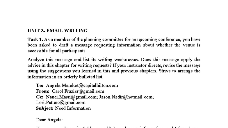 UNIT 3. EMAIL WRITING: Analyzing and Revising Messages for Clarity ...