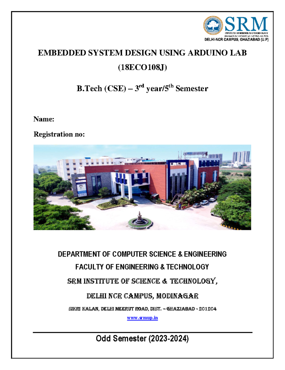 Embedded System Design Using Arduino Lab 18eco108j Front Page