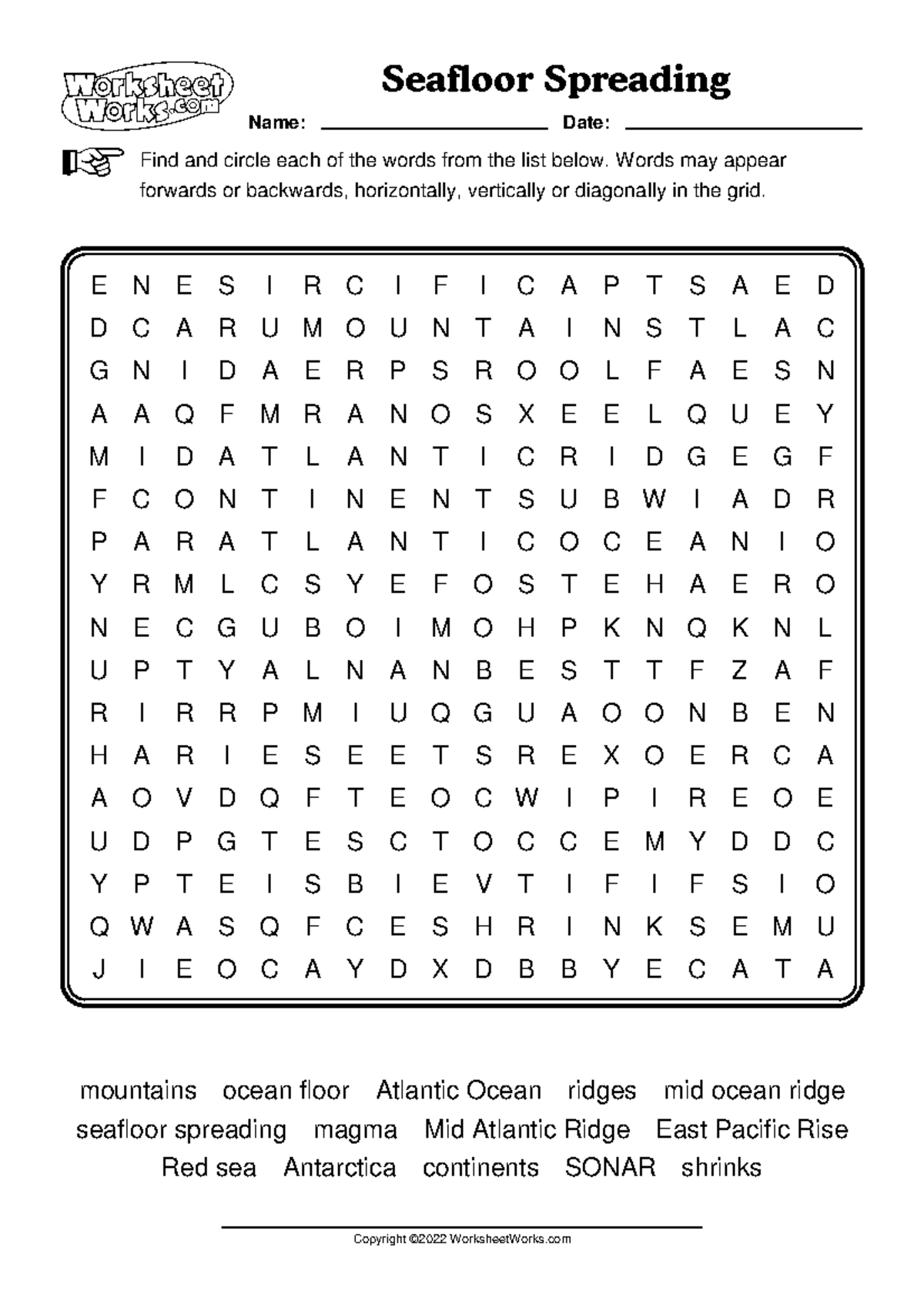 Seafloor Spreading Worksheet: Word Search Activity - Studocu