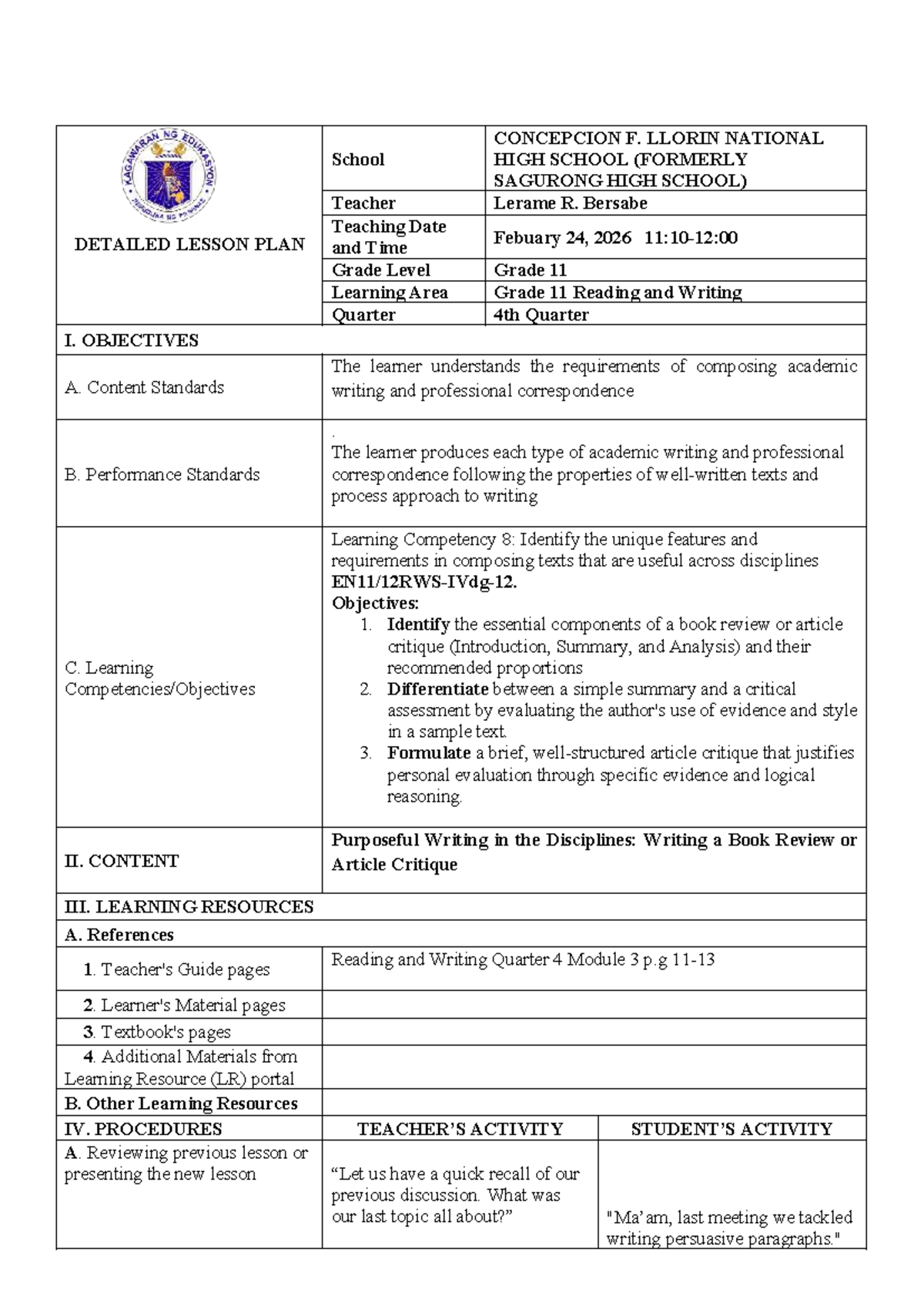 Detailed Lesson Plan: Writing a Book Review (Grade 11 RAW) - Studocu