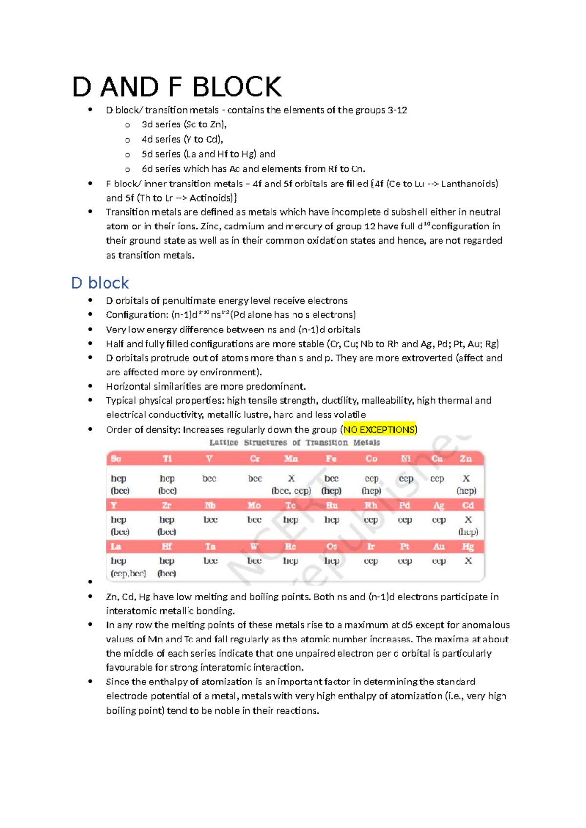 D AND F Block Elements: Transition Metals Overview and Properties - Studocu