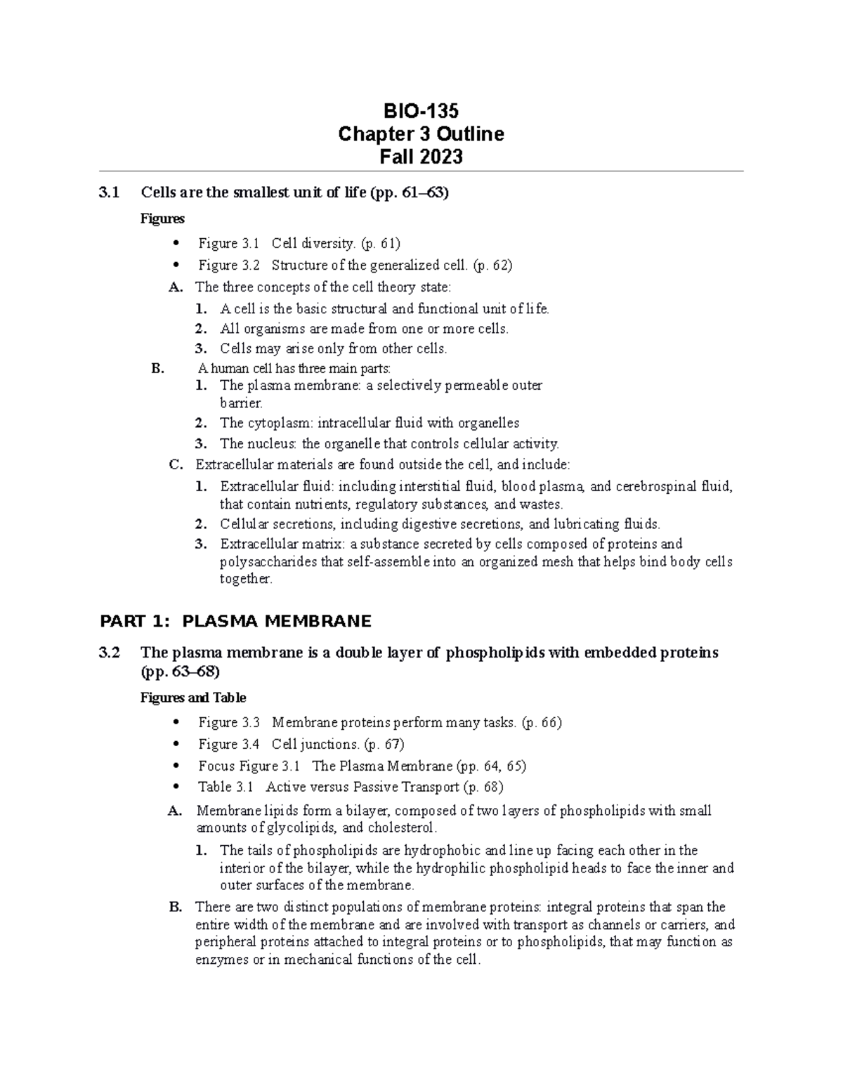 BIO-135-Chapter 3-Cell Structure and Function Outline - Fall 2023 - Studocu