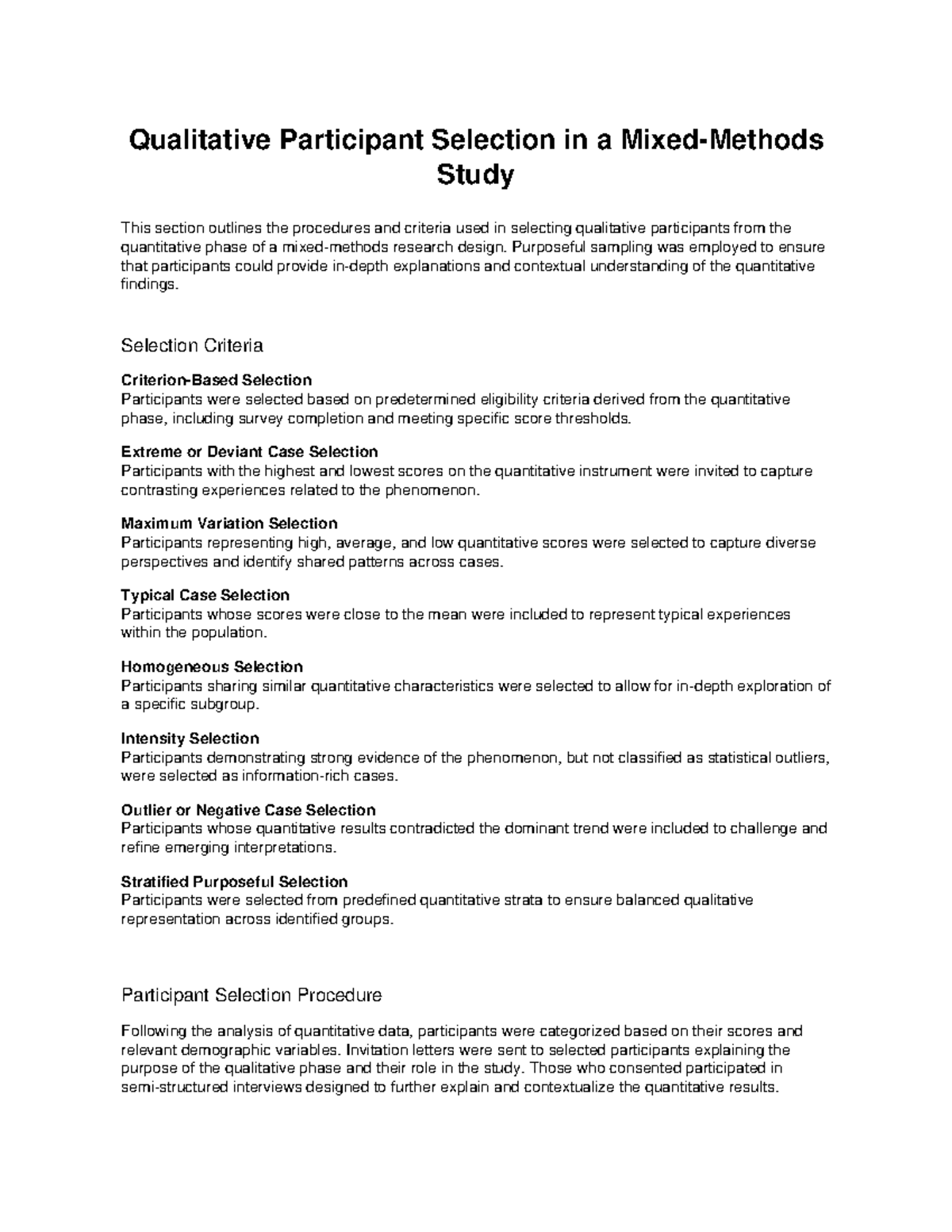 Mixed Methods Qualitative Participant Selection Procedures and Criteria ...