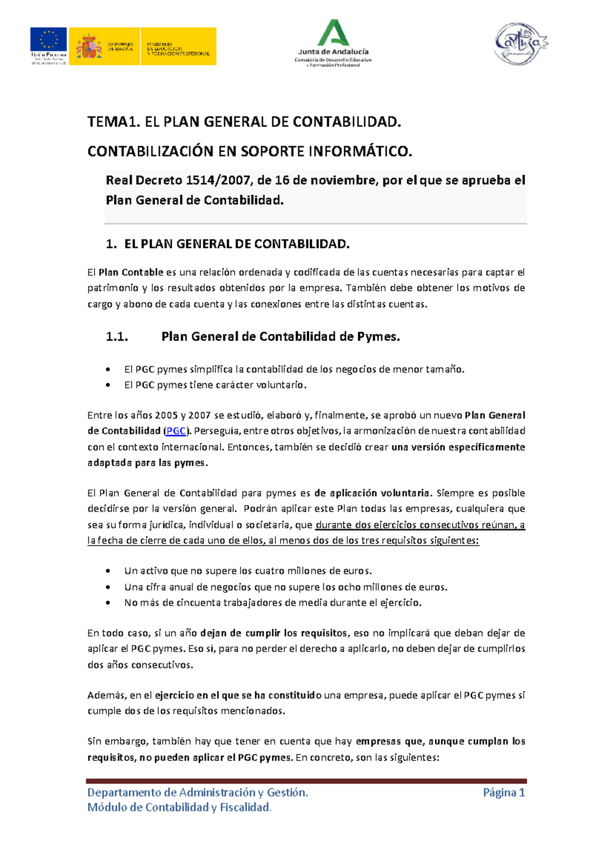 TEMA 1. PLAN GENERAL DE CONTABILIDAD Y SU CONTABILIZACIÓN - Studocu