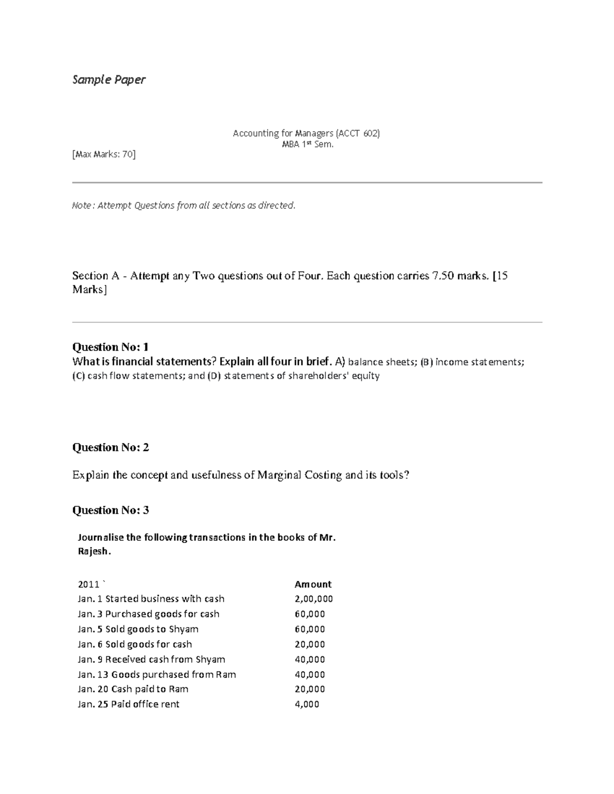 Accounting for Managers (ACCT 602) - Sample Final Exam Question Paper ...