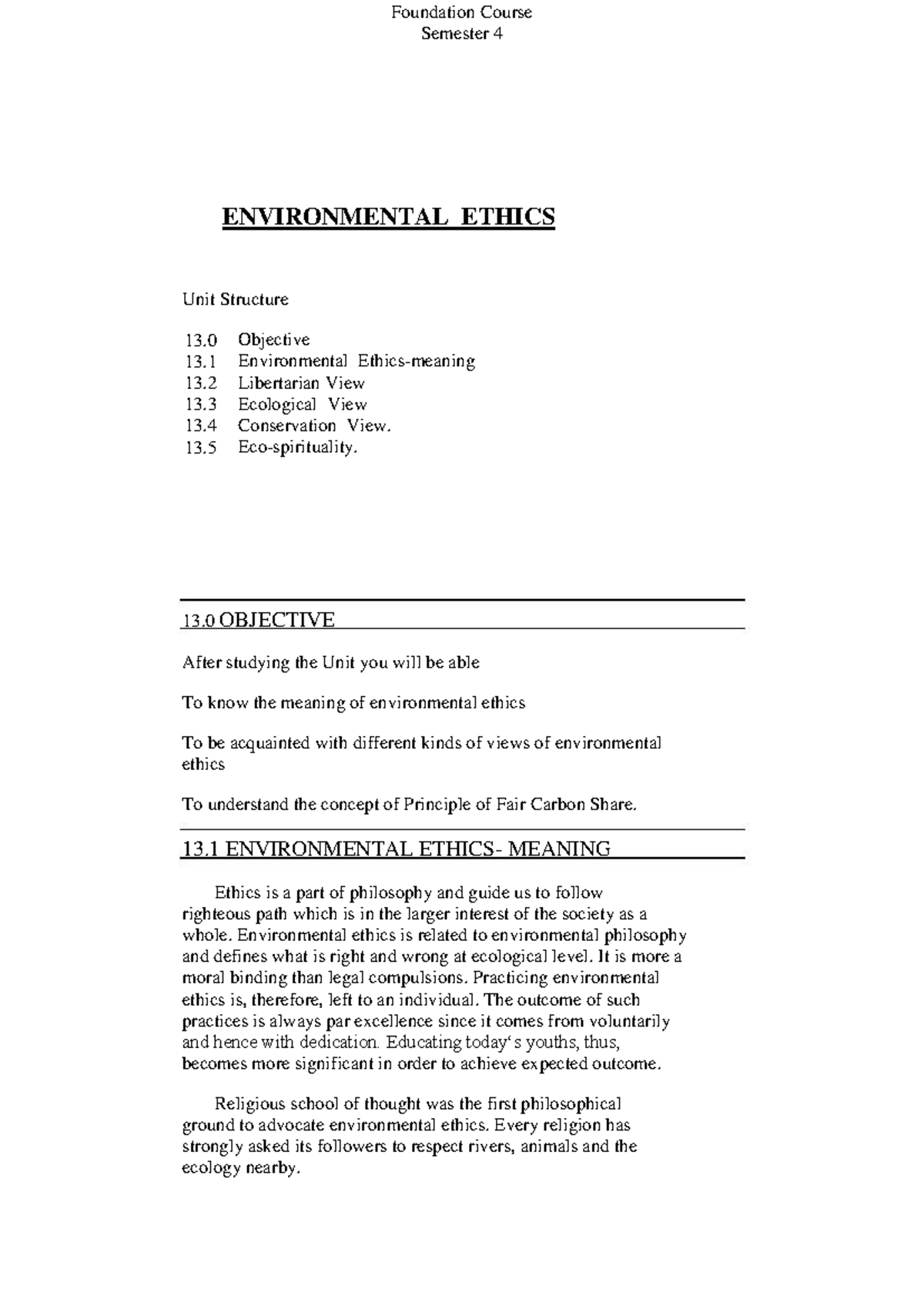 Environmental Ethics - Foundation Course SEM 4 Unit Structure - Studocu