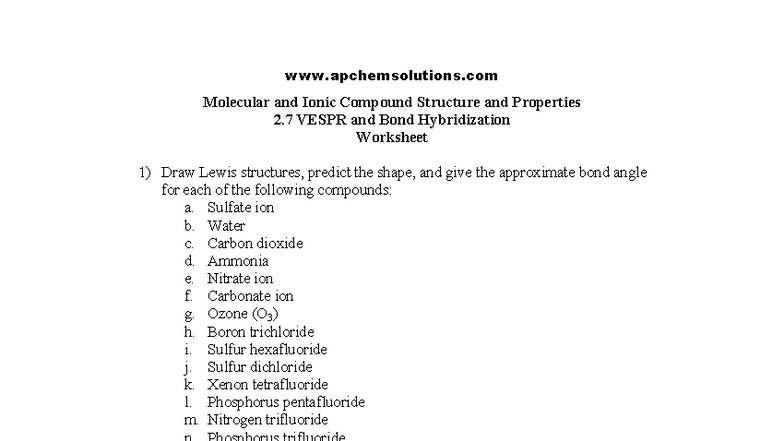 2.7 - VSEPR & Hybridization Worksheet: Structures & Properties - Studocu