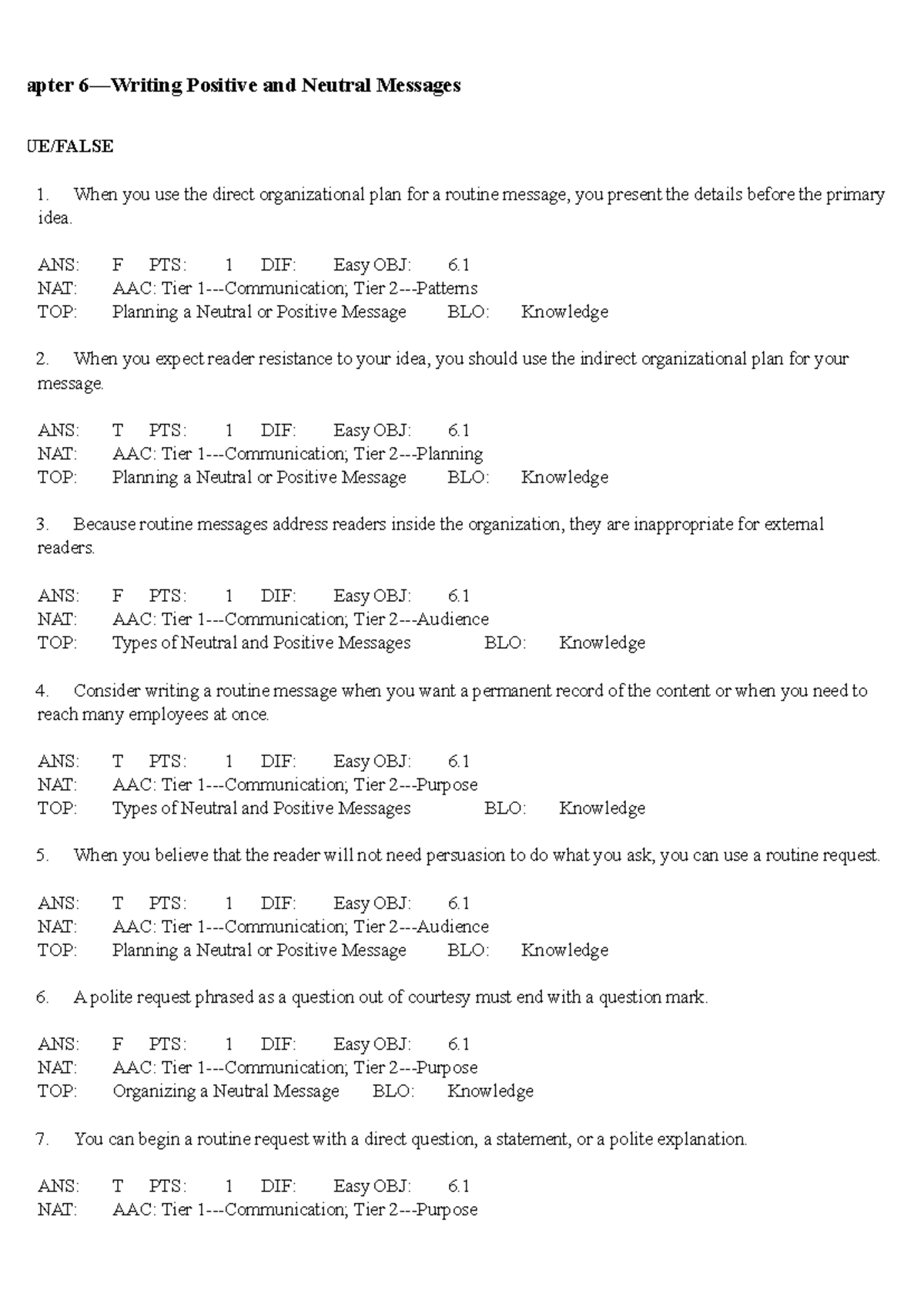 Test Bank Ch 06: Neutral & Positive Message Strategies - Studocu