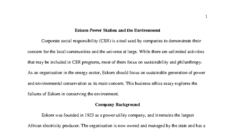 Eskom Power Station & CSR: Environmental Impact Analysis (MGT 101 ...