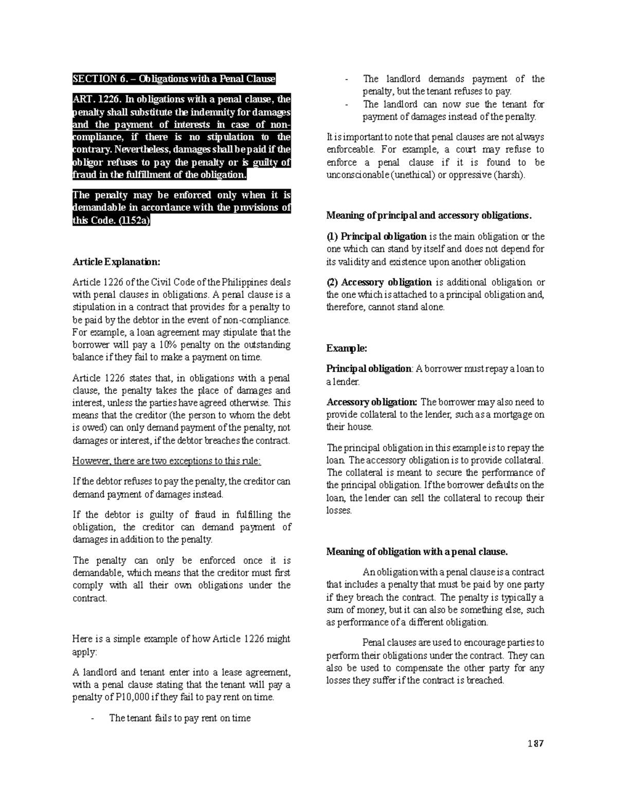 Oblicon - Civil Code of the Philippines: Section 6 - Penal Clause ...