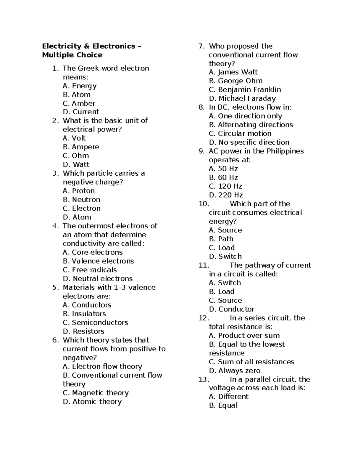 Electricity Electronics MCQ Review - Diagnostic Exam - Studocu