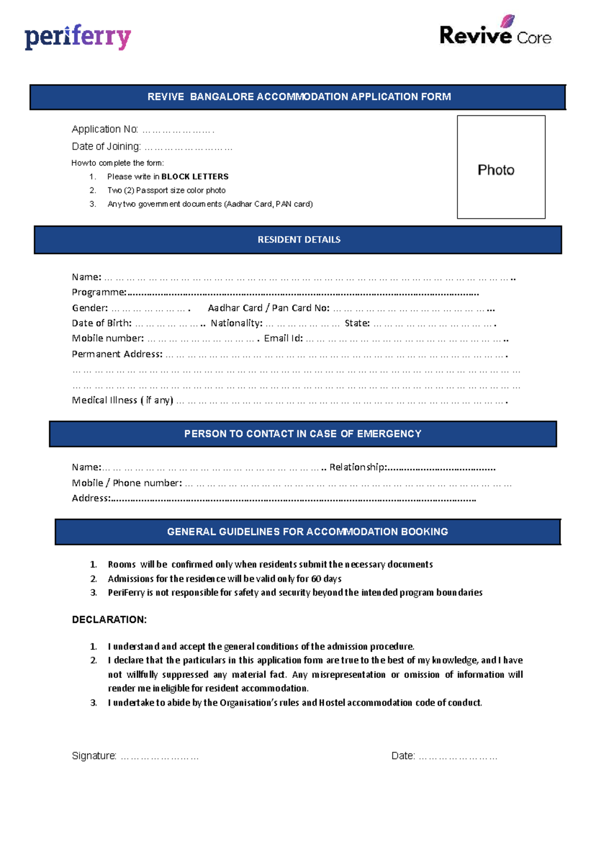 REVIVE BANGALORE ACCOMMODATION APPLICATION FORM - Studocu