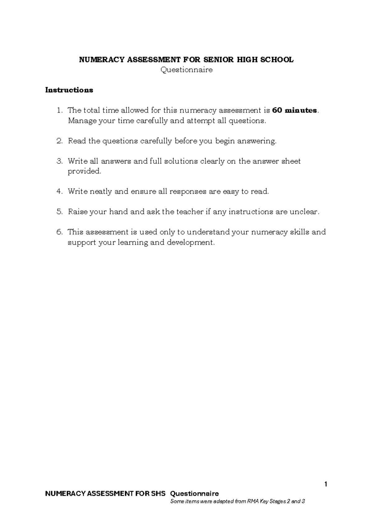 NUMERACY ASSESSMENT FOR SHS: Questionnaire Instructions and Items - Studocu