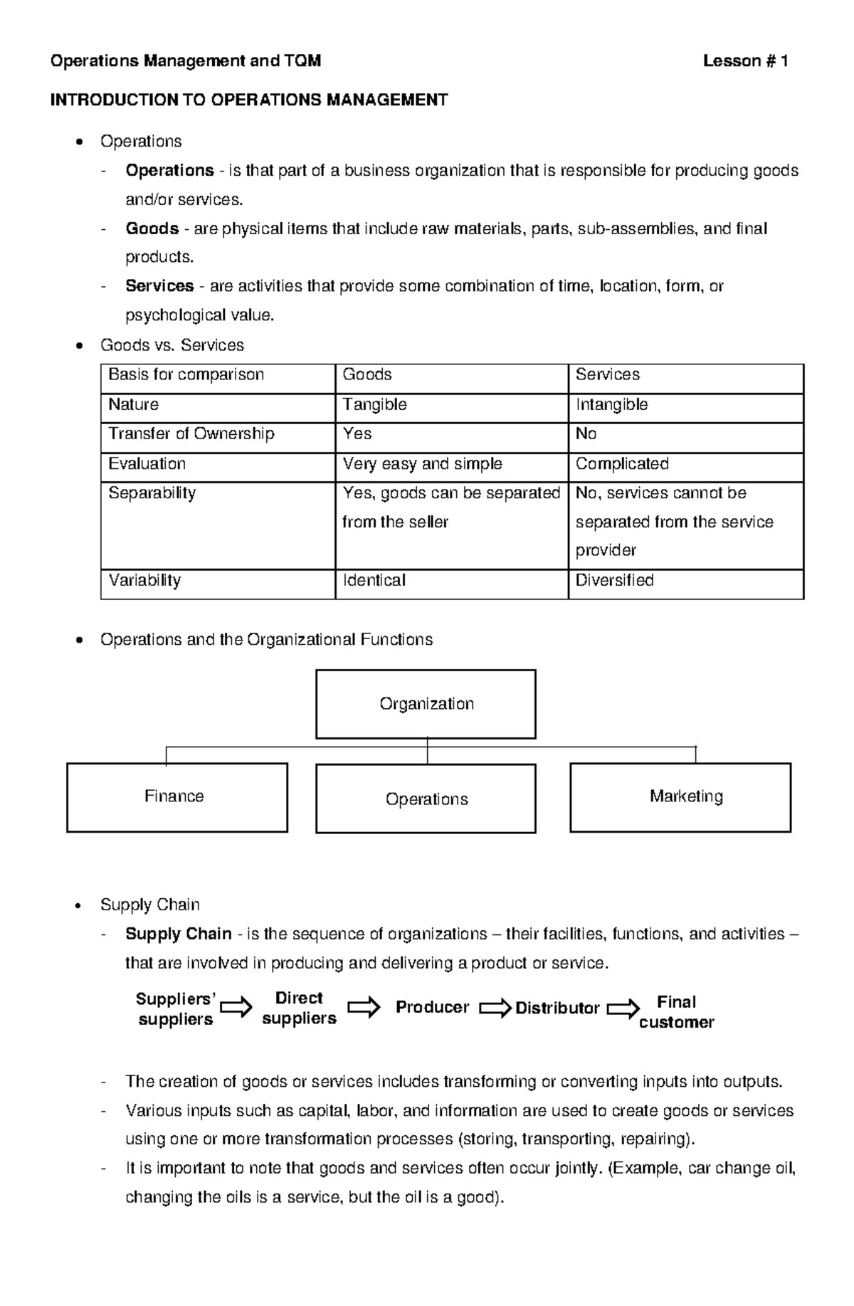 (1) Introduction to Operations Management - Operations Management and TQM Lesson # 1 ...