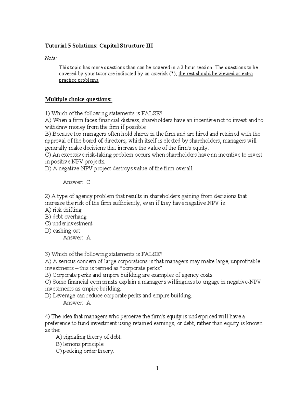 Finm2415 2024 Tutorial 5 Solutions - Tutorial 5 Solutions: Capital ...