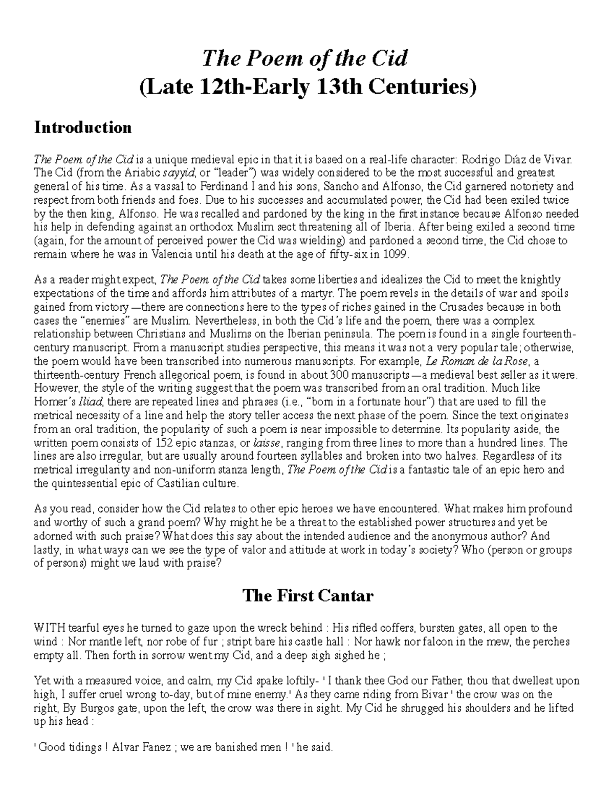 The Poem of the Cid (LIT 101): Analyzing Valor and Betrayal in Medieval ...