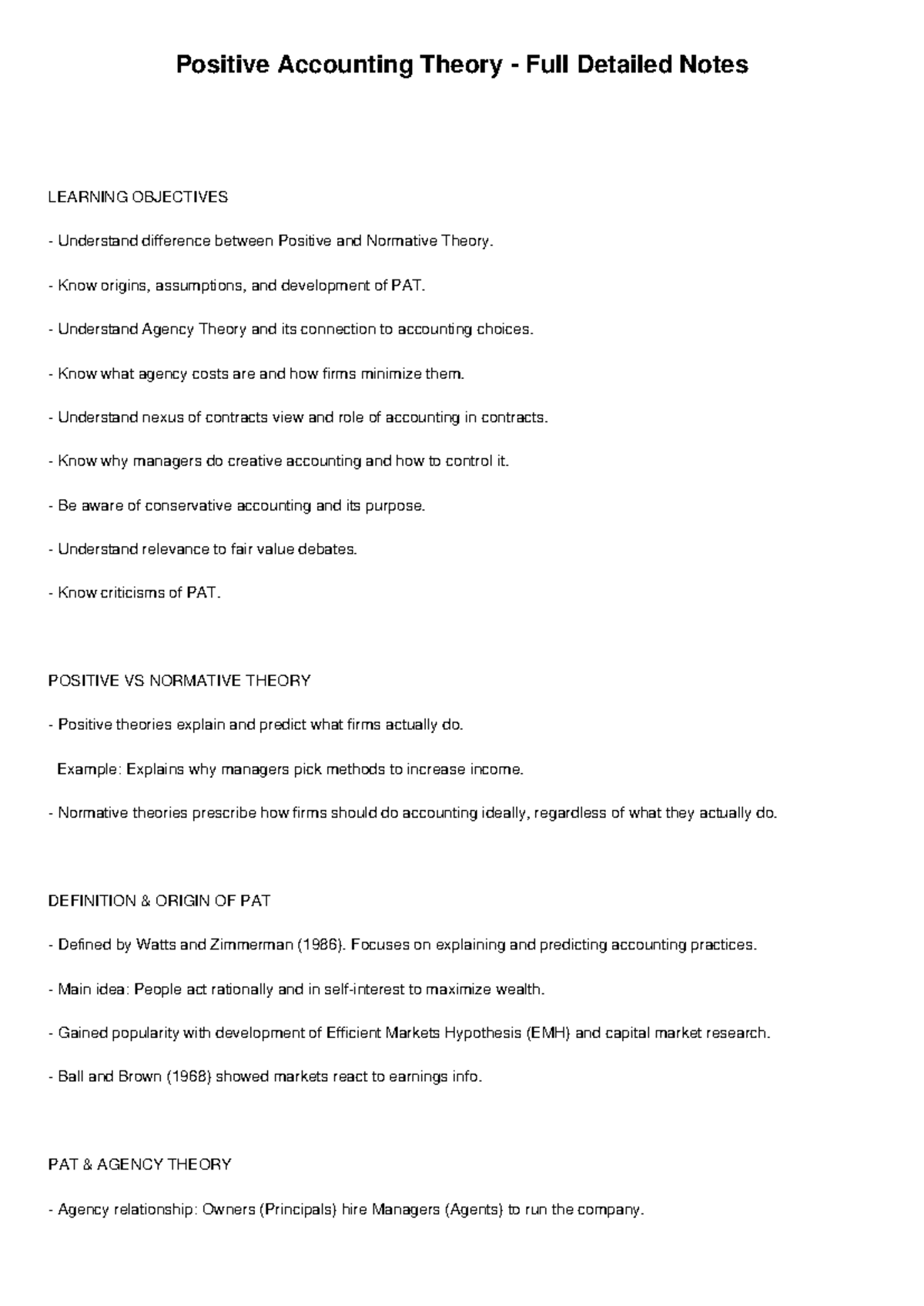 PAT Detailed Notes: Understanding Positive Accounting Theory and Agency ...