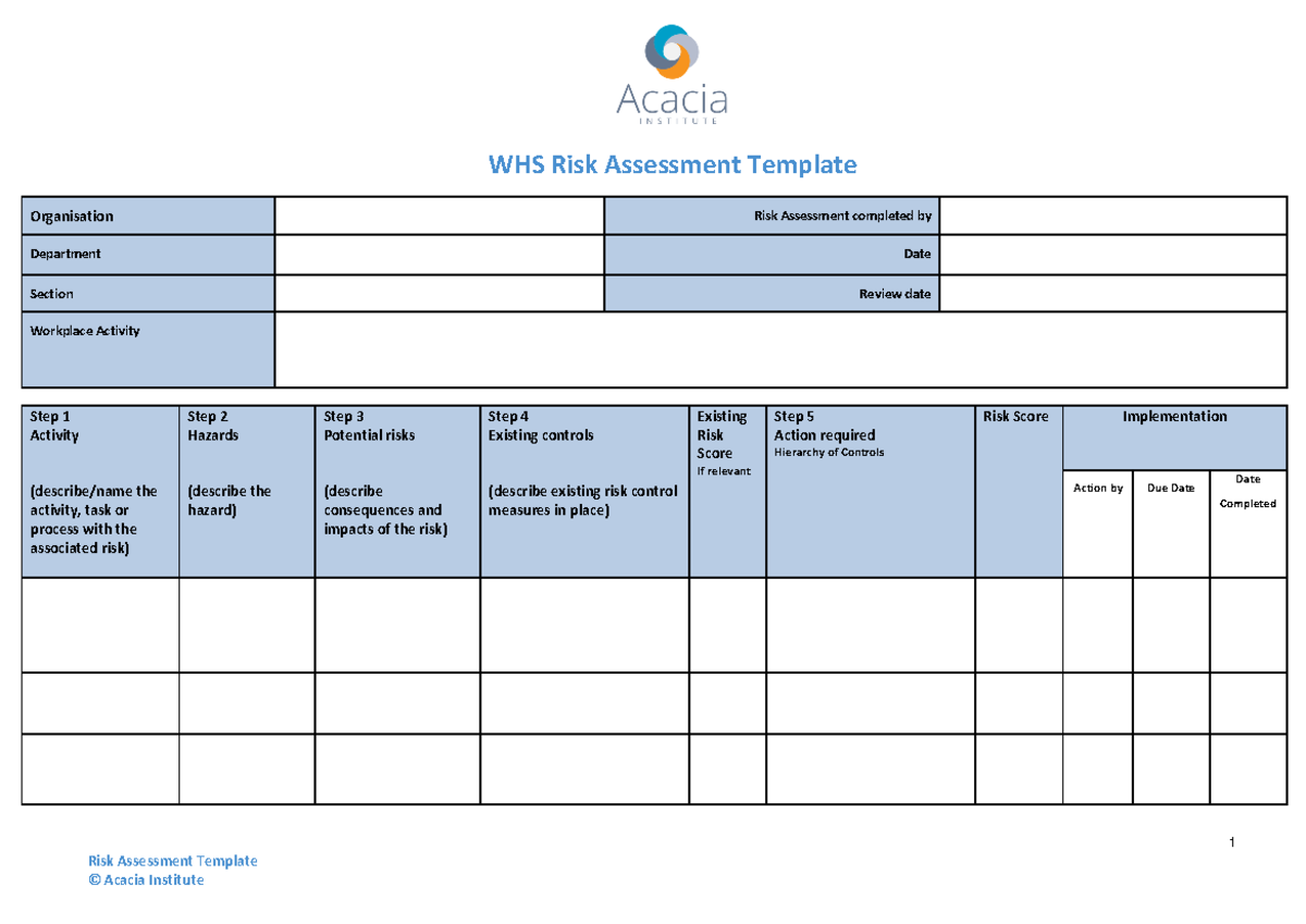 Risk Assessment Template - Risk Assessment Template 1 WHS Risk ...