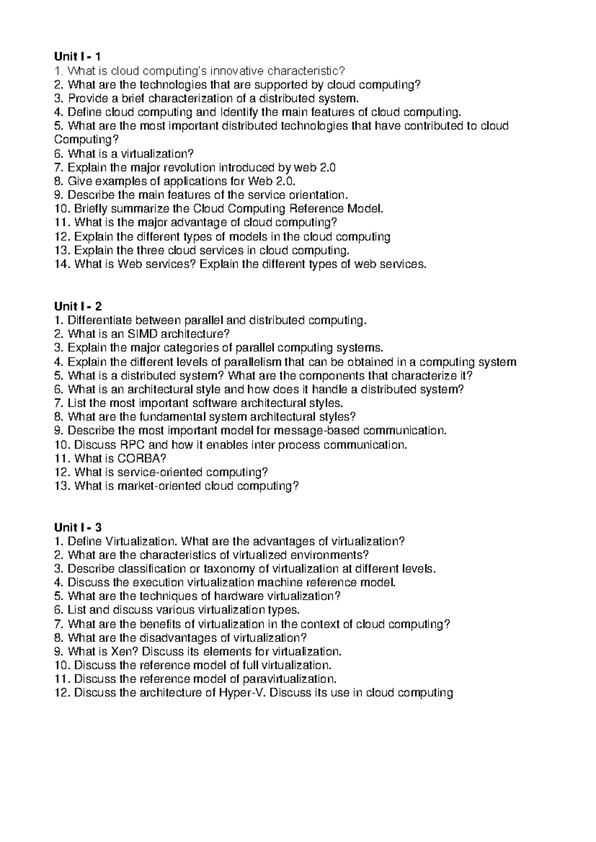Cloud Computing Sample Questions - Unit I to Unit VII - Studocu