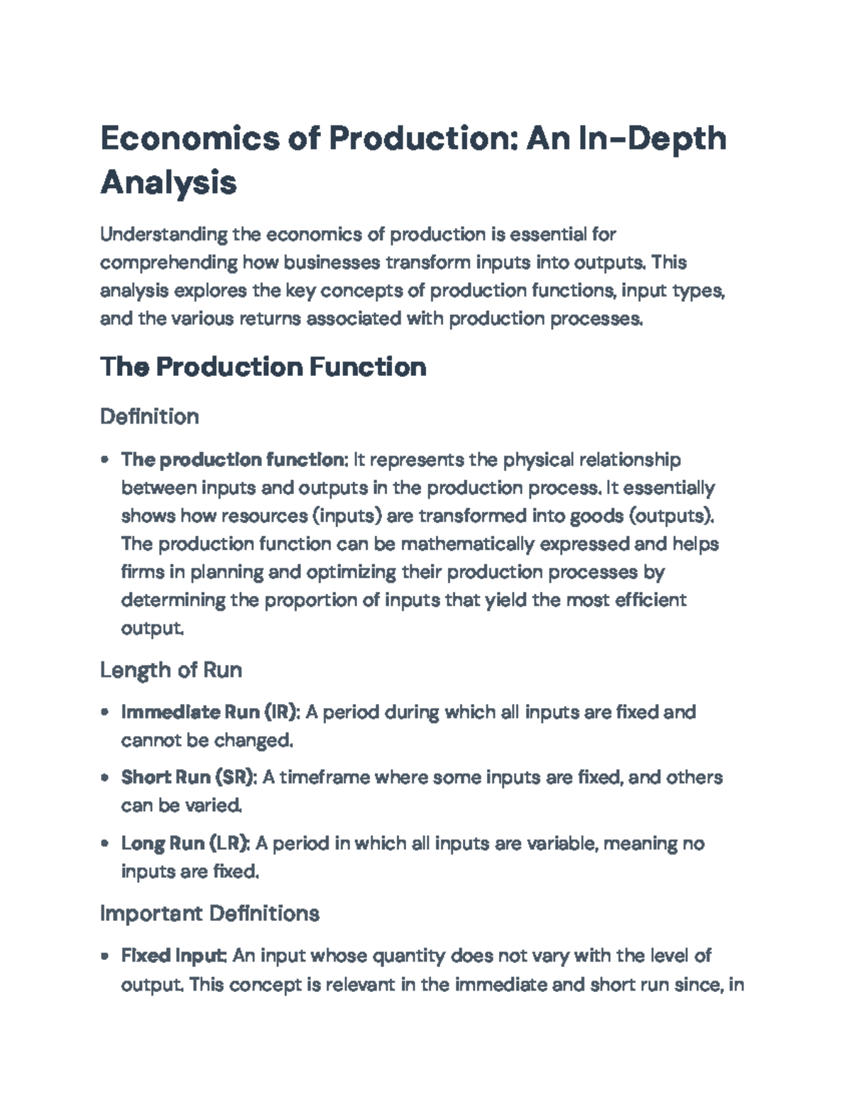 Economics of Production: Analyzing Returns and Input Efficiency ...