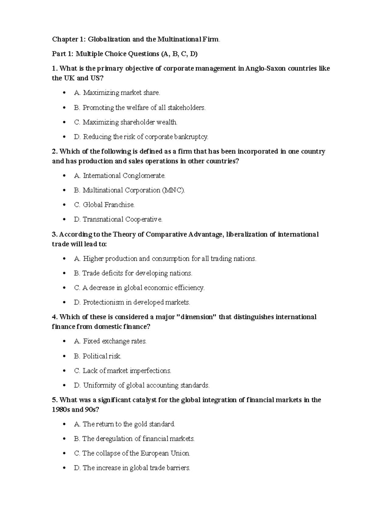 IBF301 - Chapter 1: Globalization & Multinational Firms MCQs & T/F ...