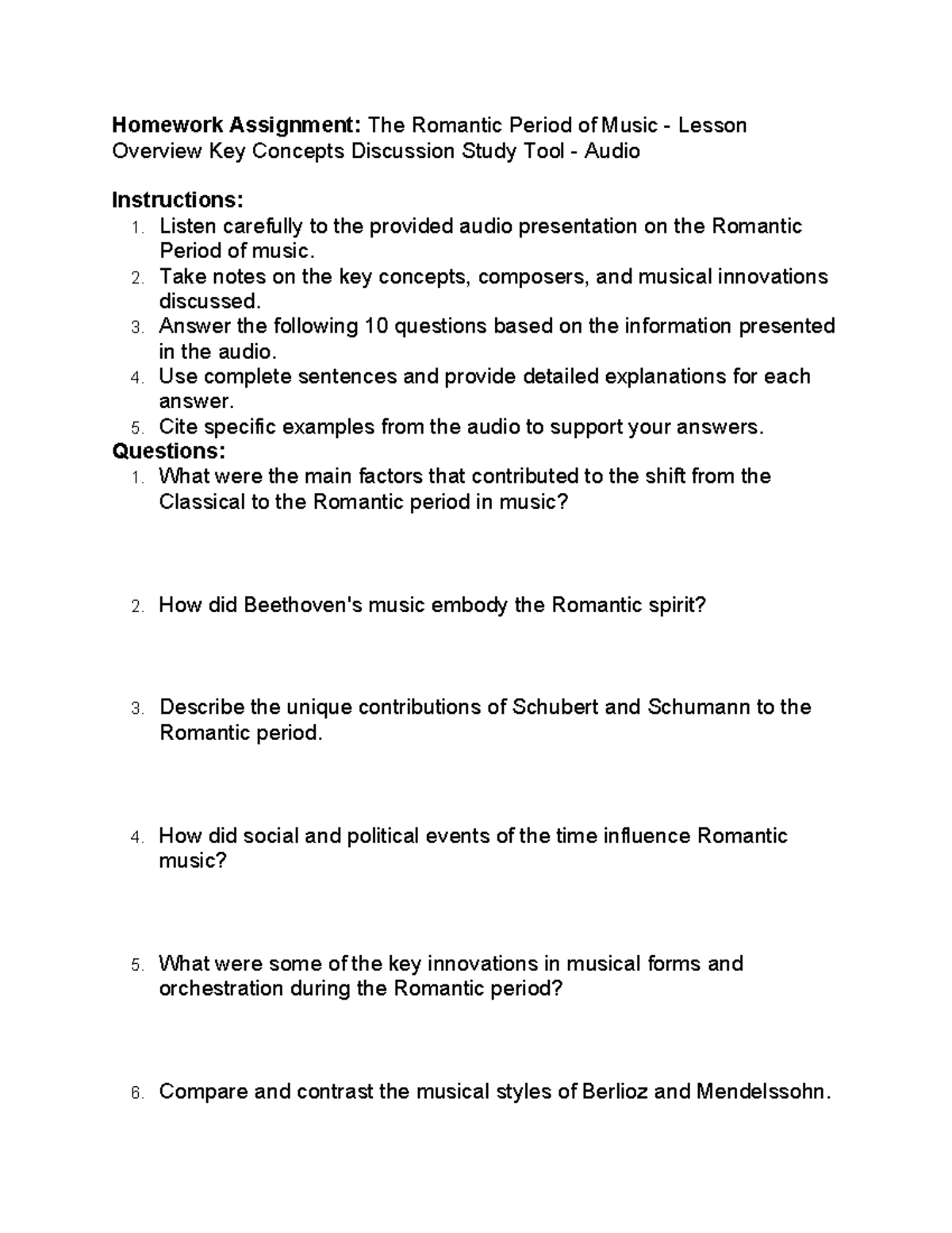 The Romantic Periodof Music Audio Video Homework Worksheetw Answer Key ...