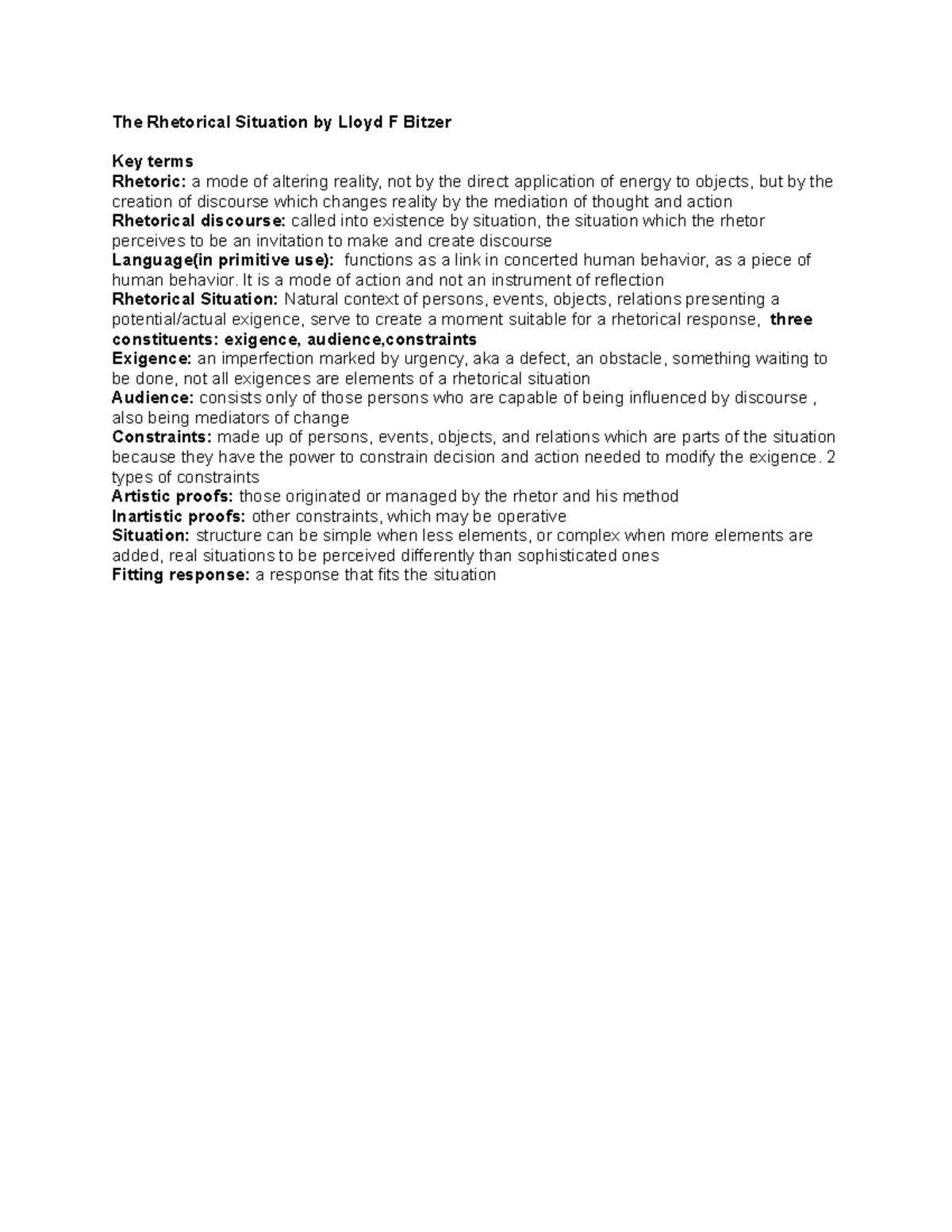 RJ III Bitzer Reading - notes - The Rhetorical Situation by Lloyd F ...