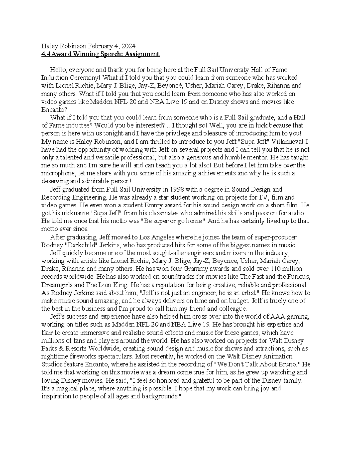 Award Winning Speech (Full Sail University): Introducing Supa Jeff ...