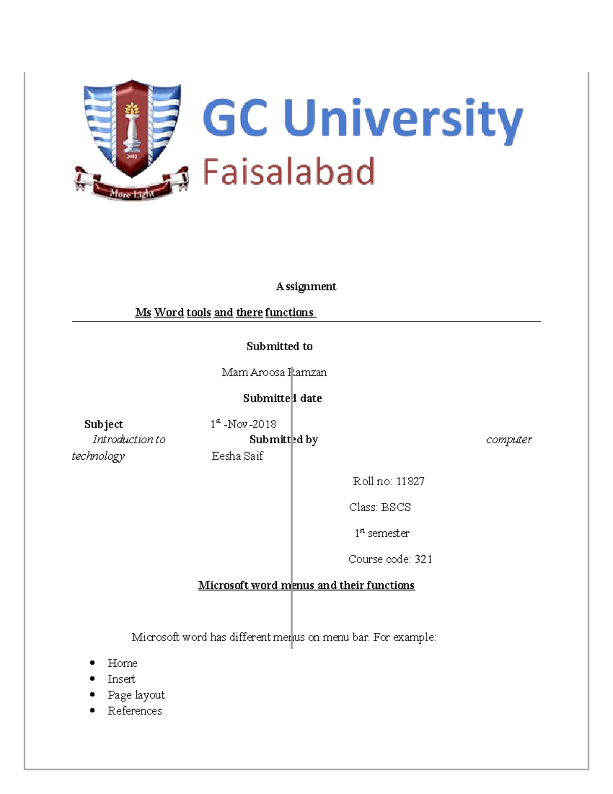 Ms Word 1 Lecture Notes 1234 Assignment Ms Word Tools And There Functions Submitted To