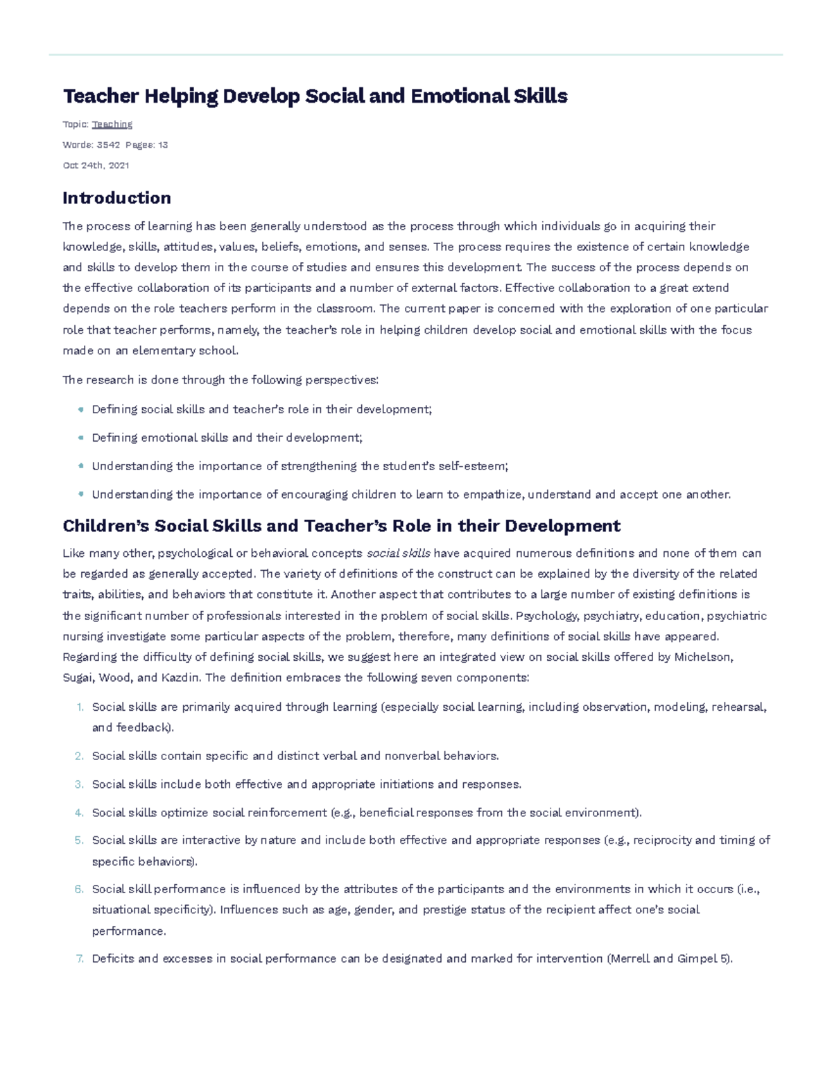 Teacher's Role in Nurturing Social and Emotional Skills: Insights ...