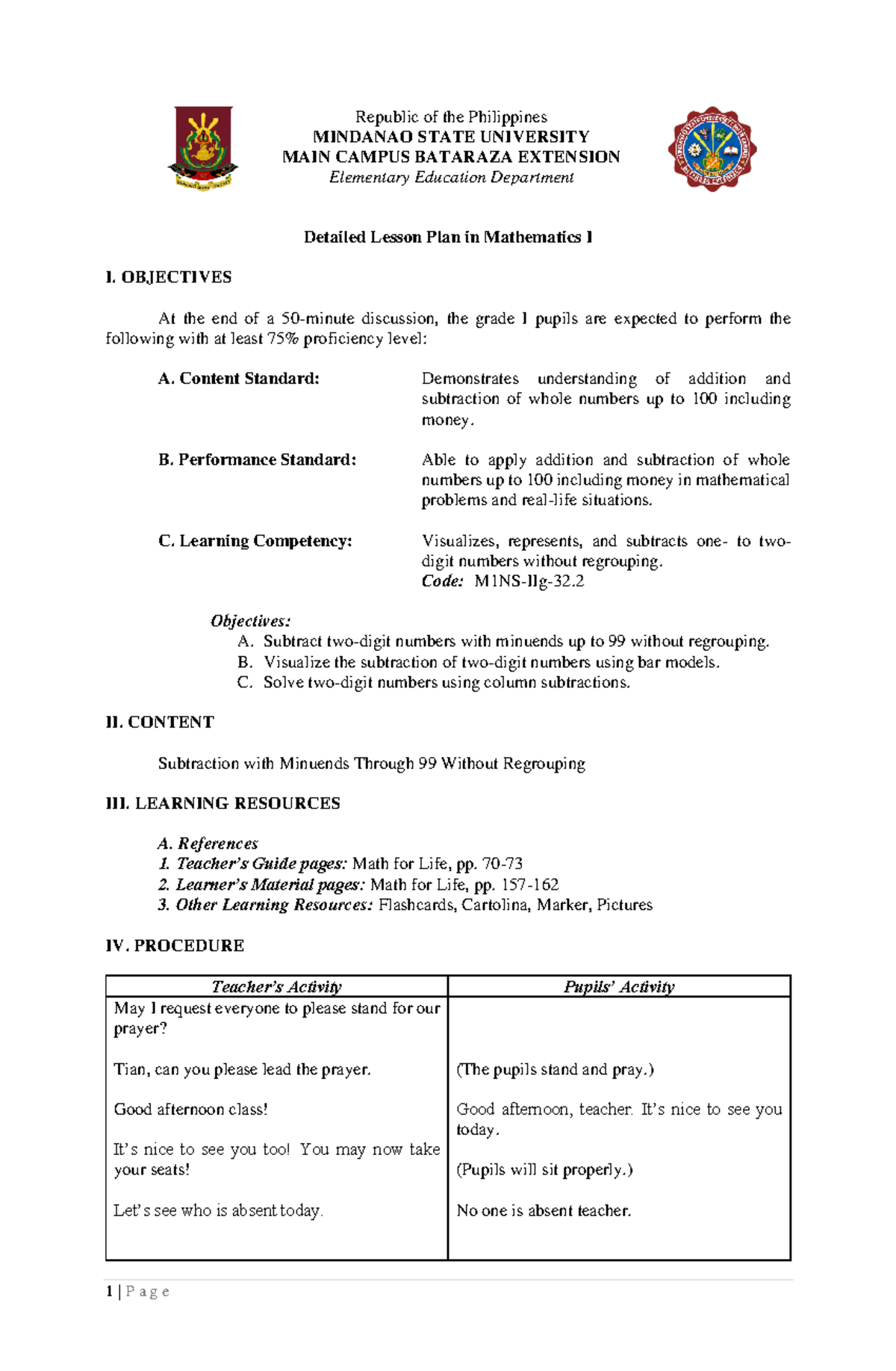Detailed Lesson Plan in Mathematics I (Code: M1NS-IIg-32) - Studocu