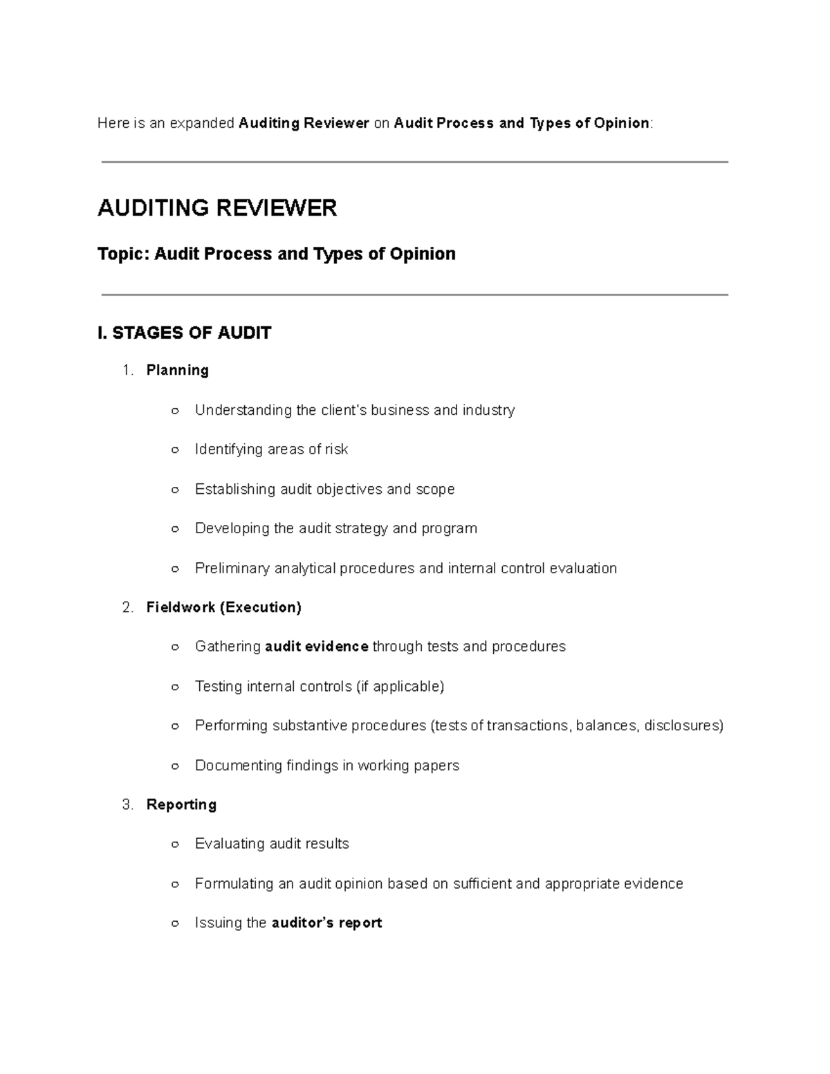 AUDITING REVIEWER: Audit Process & Types of Opinion Overview - Studocu
