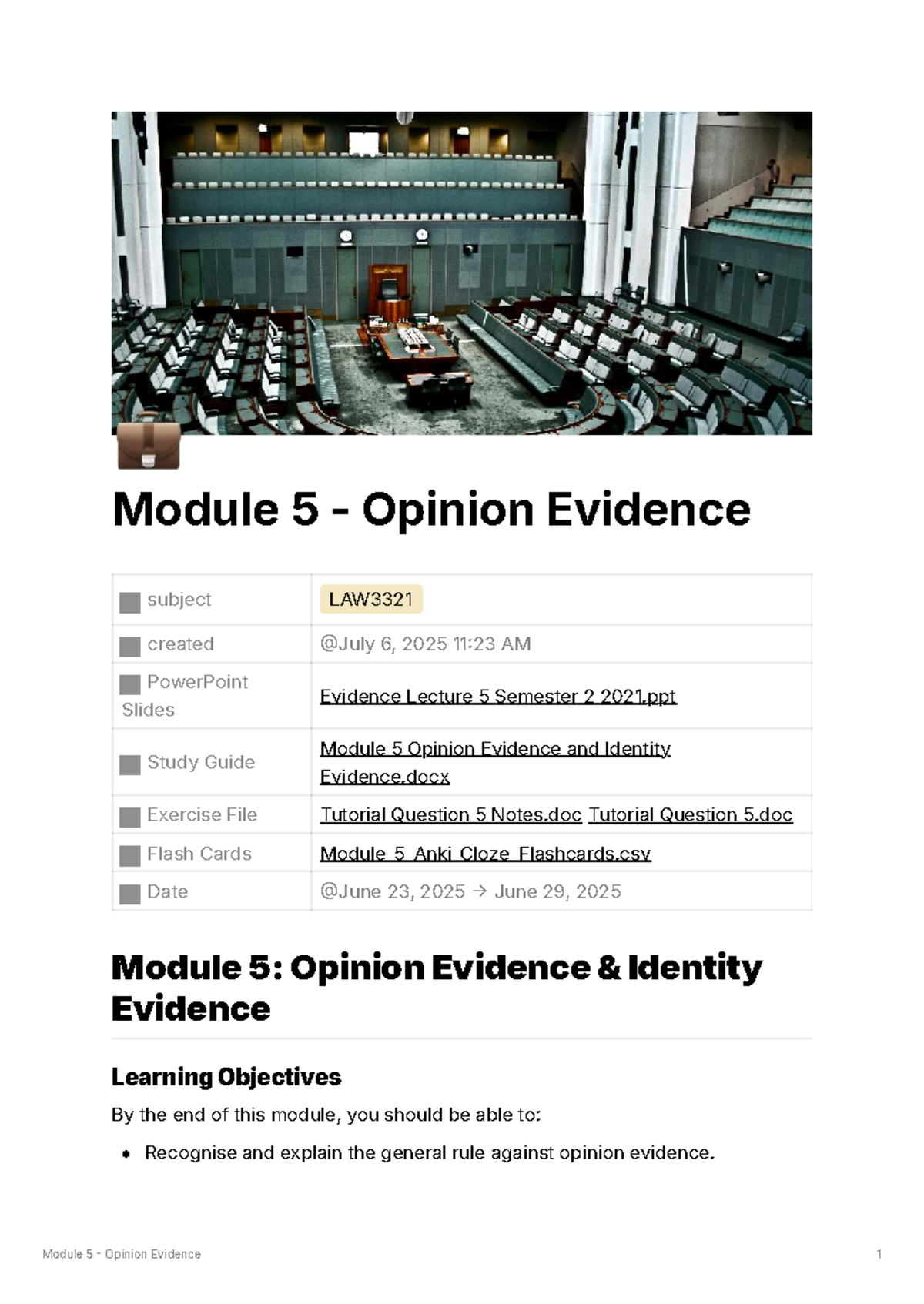 Module 5: Opinion Evidence & Identity Evidence Overview - LAW3321 - Studocu