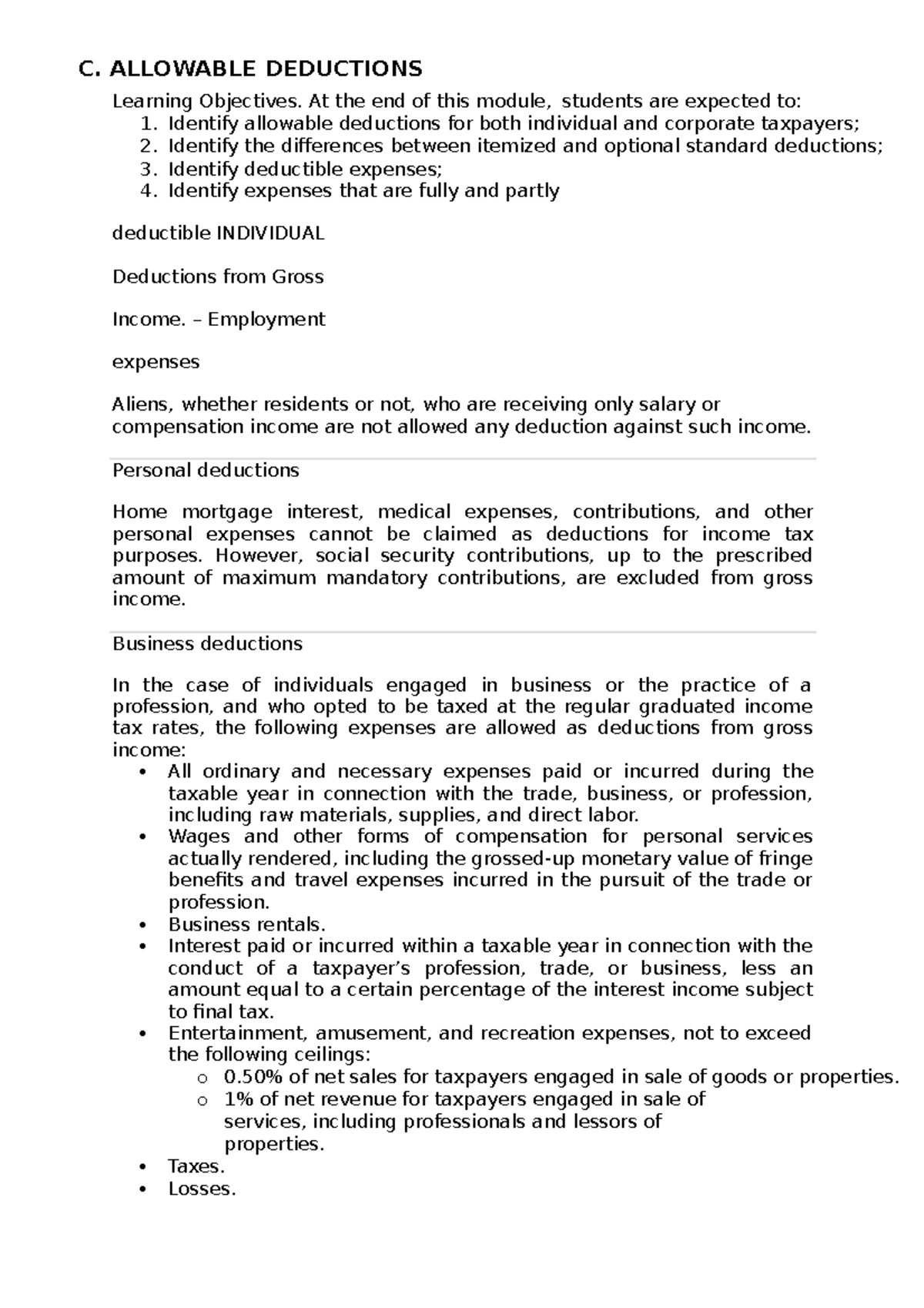 ALLOWABLE DEDUCTIONS OF INCOME TAXATION - C. ALLOWABLE DEDUCTIONS ...