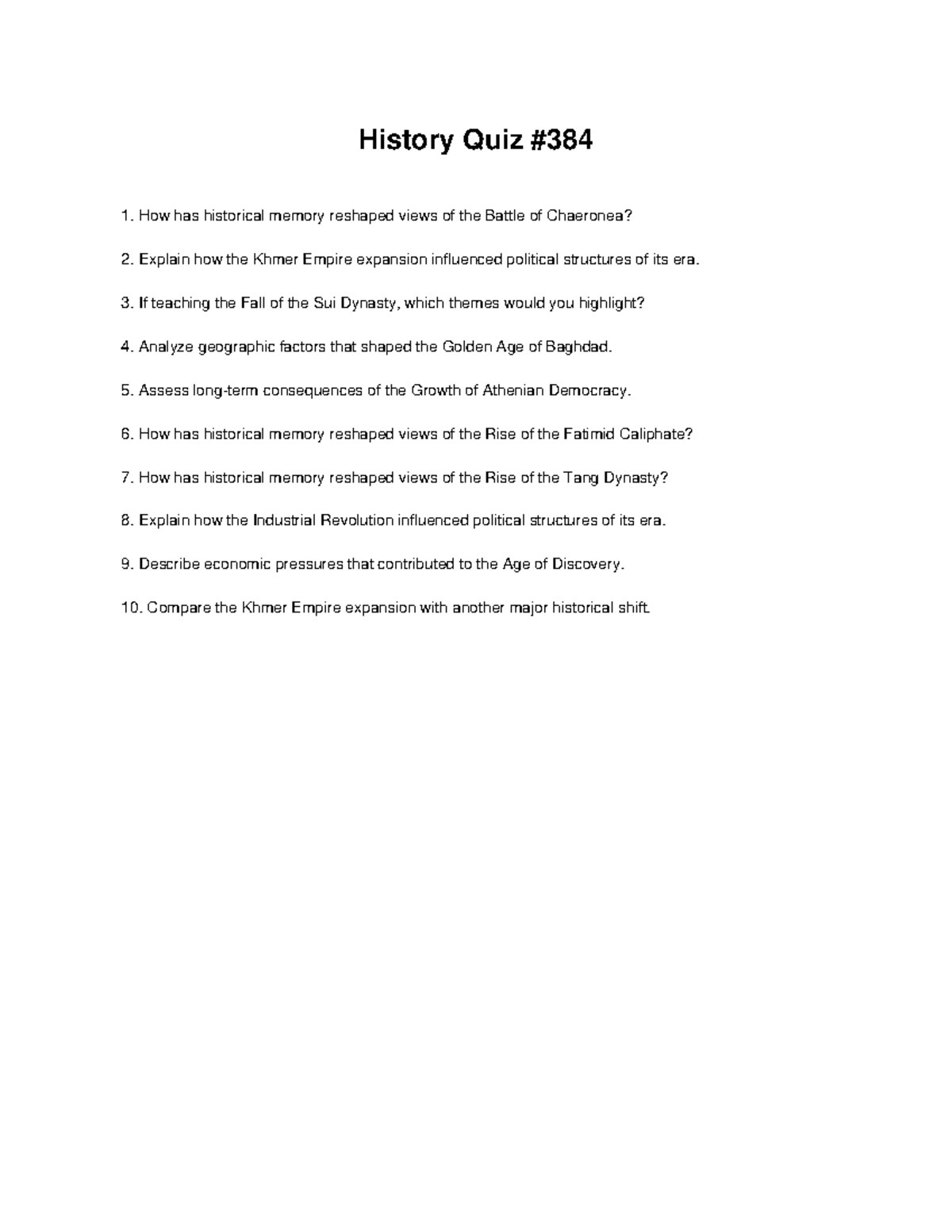 History Quiz 384: Key Themes in Historical Memory and Empires - Studocu