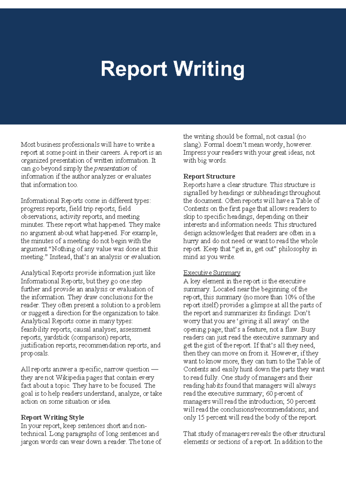 Report Writing Guide: Crafting Effective Business Memos - Studocu