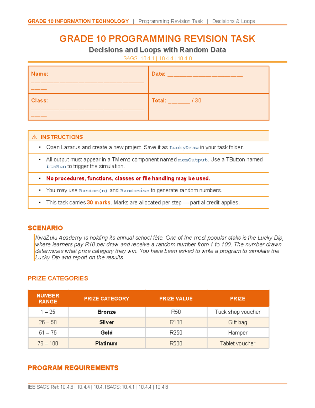 GRADE 10 IT Programming Revision Task: Lucky Draw Simulation - Studocu