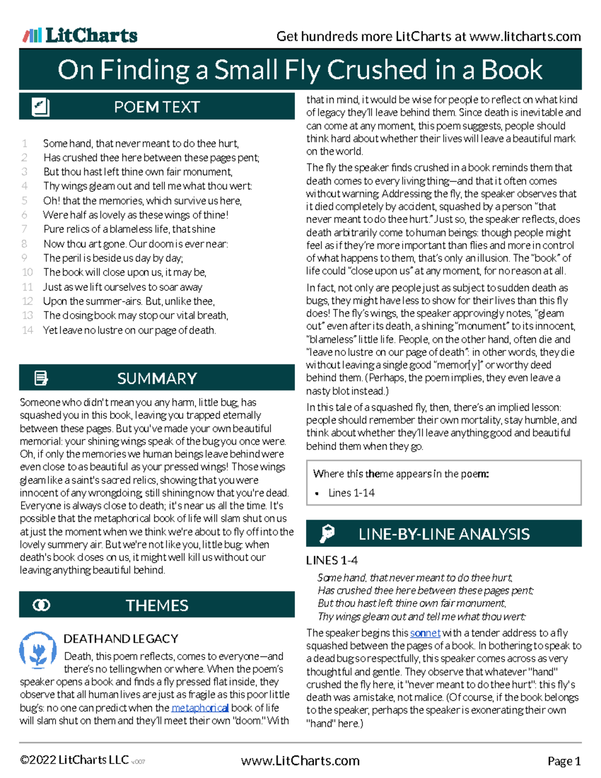LitCharts Analysis: "On Finding a Small Fly Crushed in a Book" - Studocu