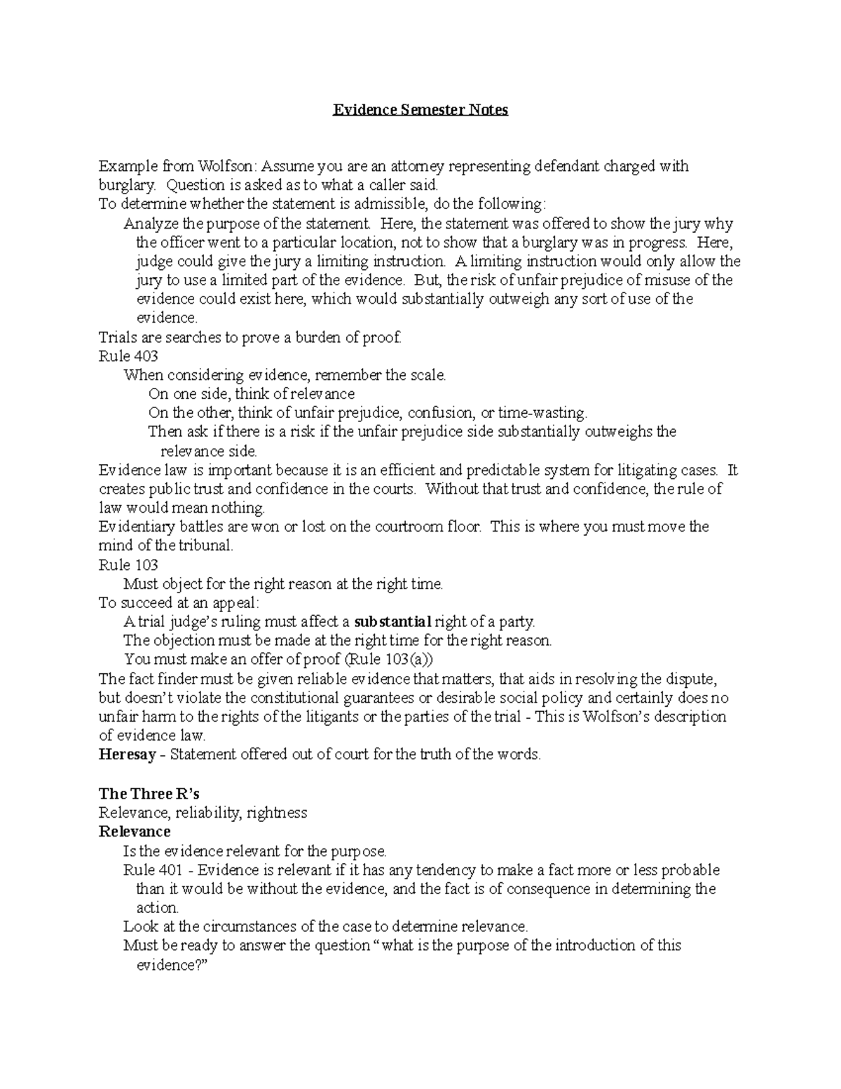 Evidence Law: Comprehensive Semester Notes for Course CODE 101 - Studocu